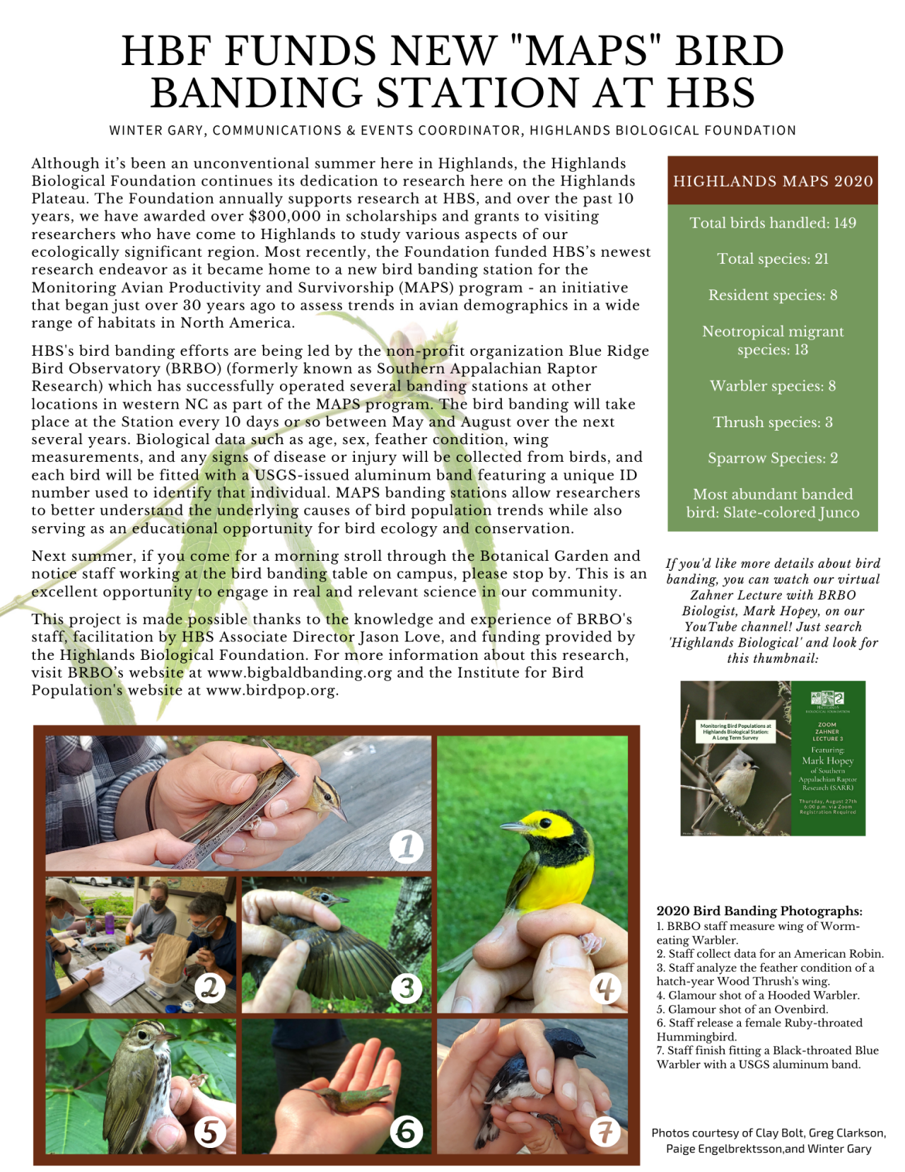 MAPS Bird Banding - Highlands Biological Station